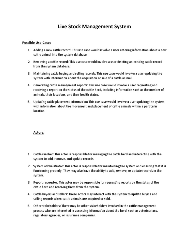 Live Stock Management System | PDF | Use Case | Cattle