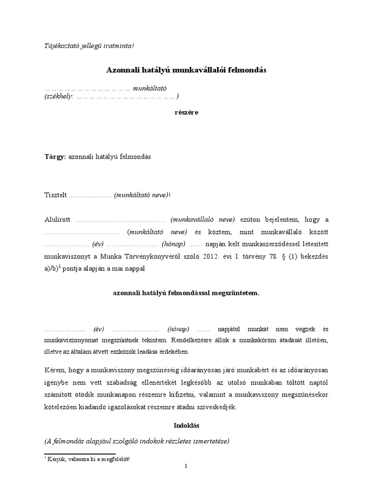 Azonnali Hatályú Munkavállalói Felmondás | PDF