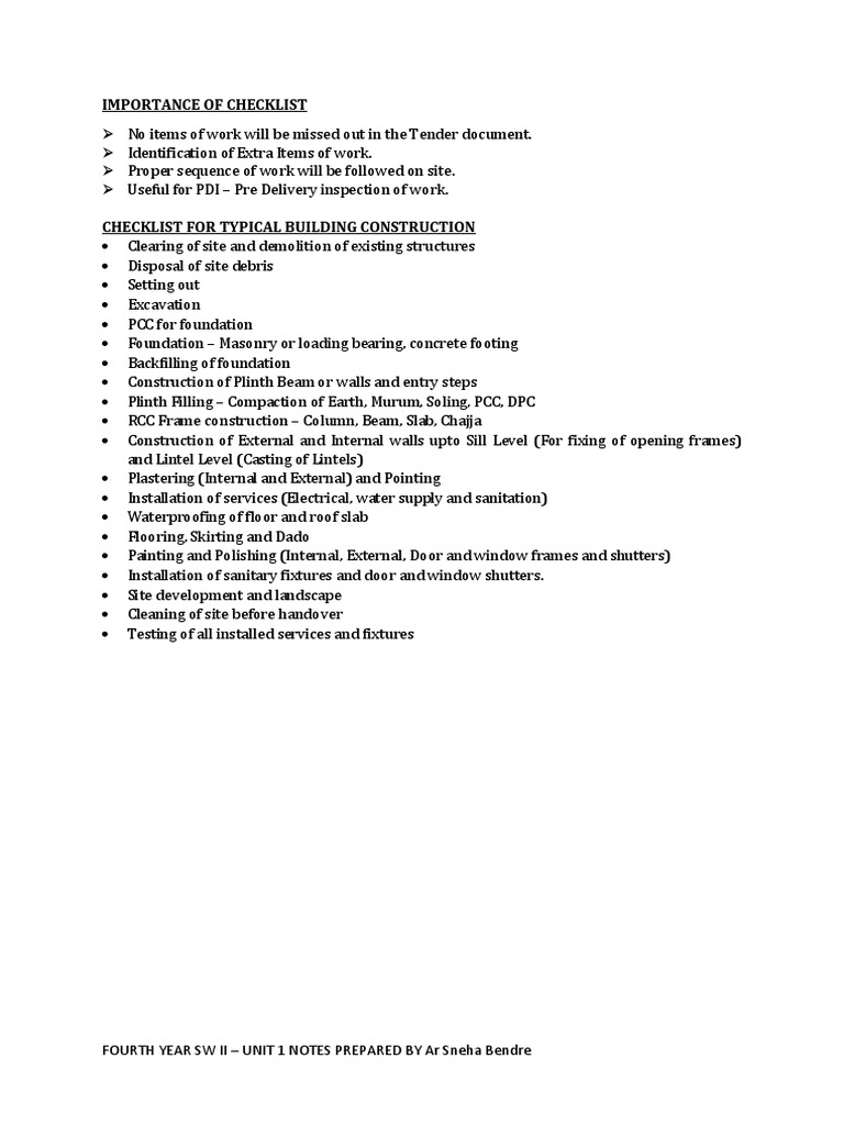 SW II - Unit 1 Checklist Preparation Notes by SB | PDF | Concrete ...