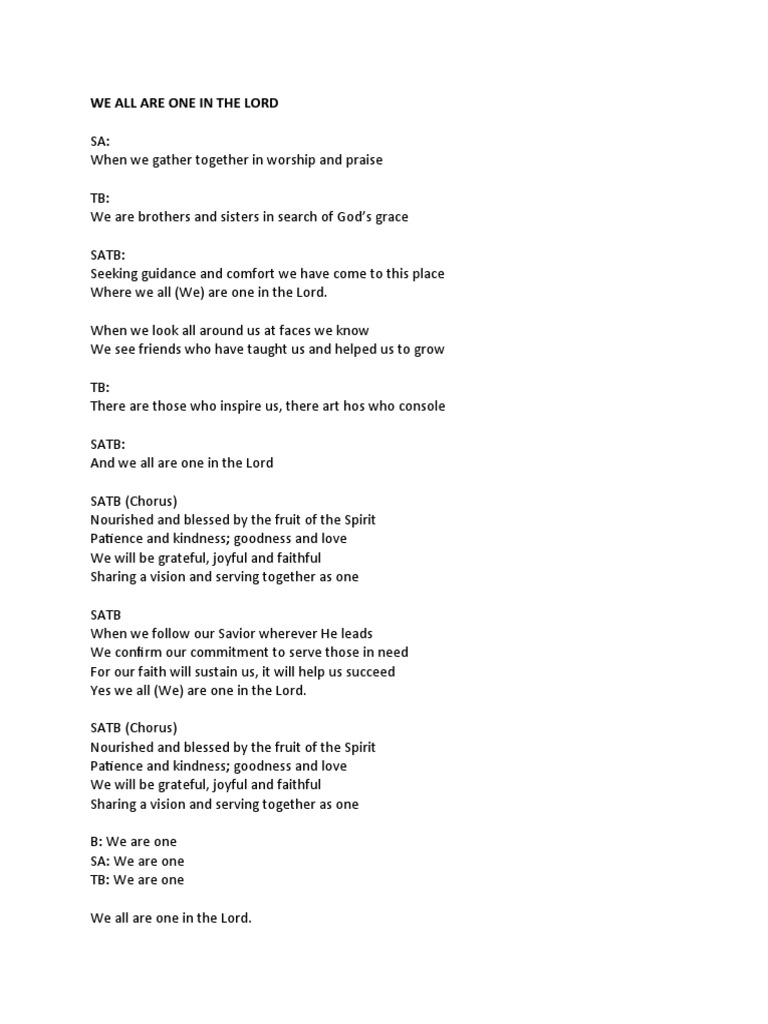 WE ALL ARE ONE IN THE LORD (Lyrics) | PDF