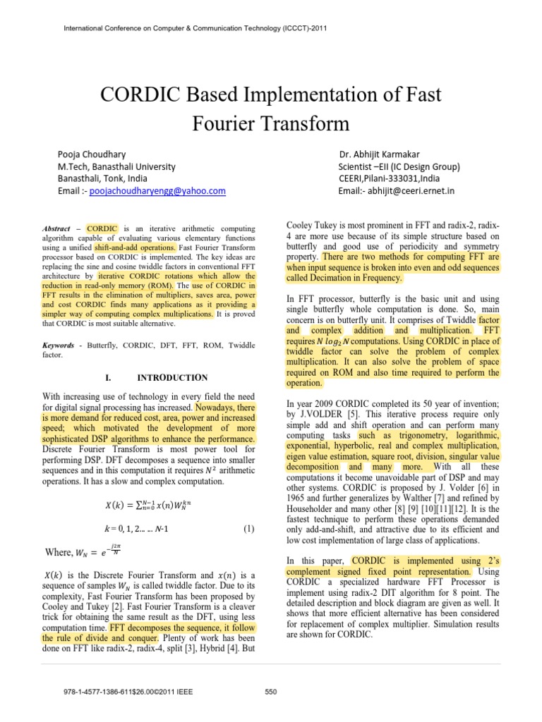 Cordic Based Implementation Of Fast Fourier Transform Cordic Is An 2956