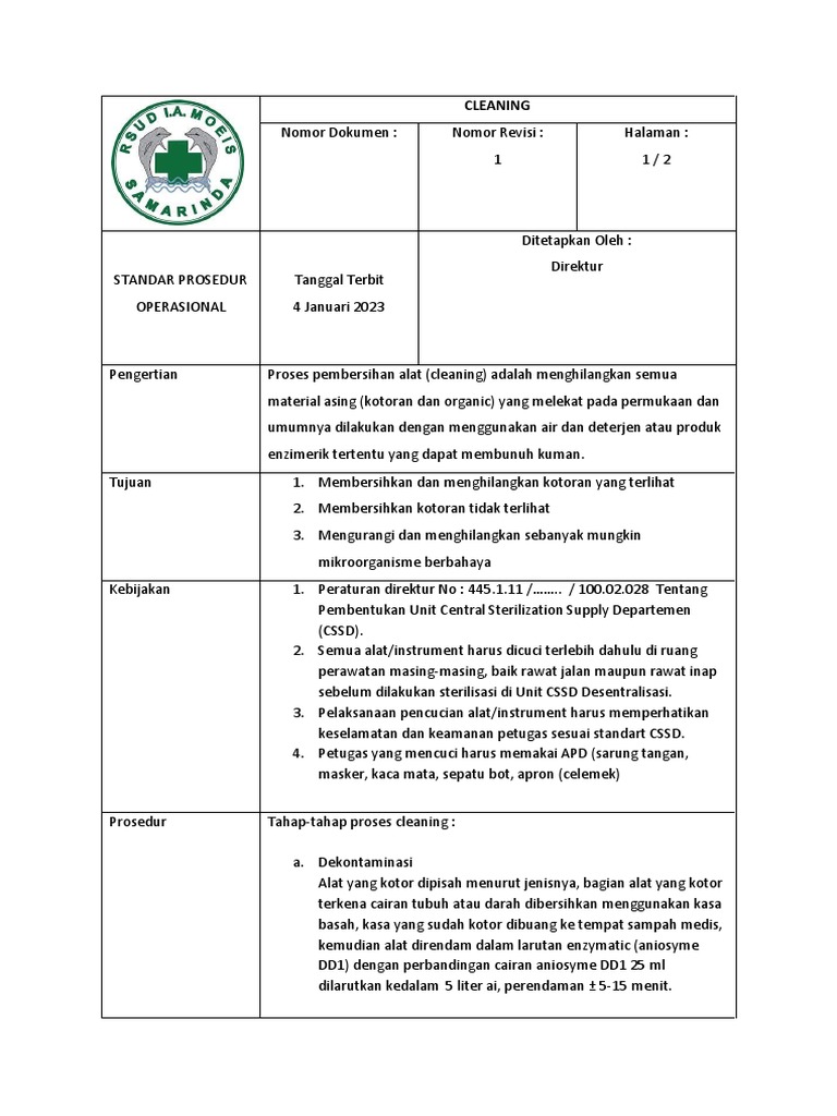 Sop Cleaning CSSD | PDF