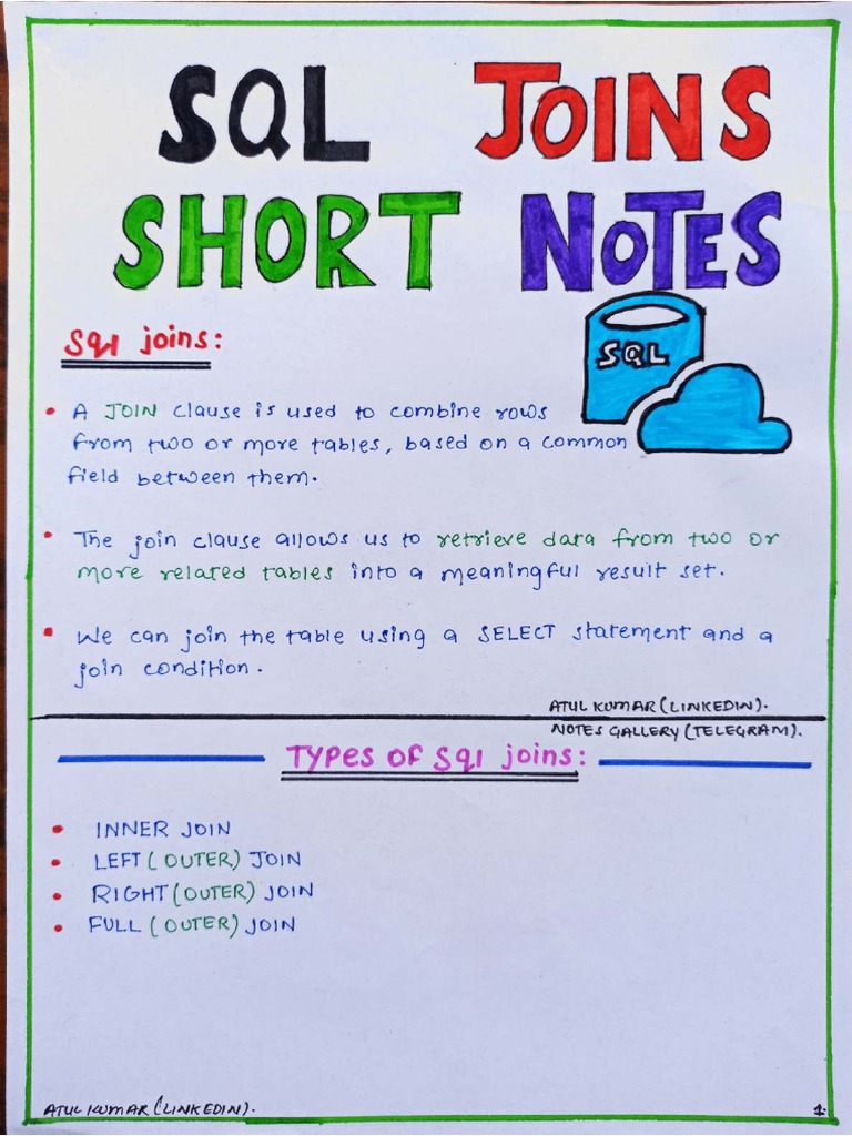 ?SQL Joins? (Handwritten) Short Notes (PWRT - 5) | PDF