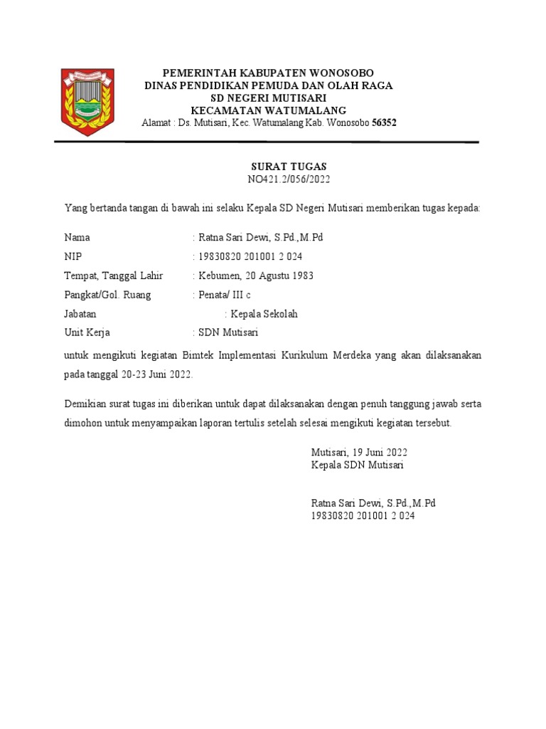 Contoh Surat Tugas Bimtek Guru | PDF