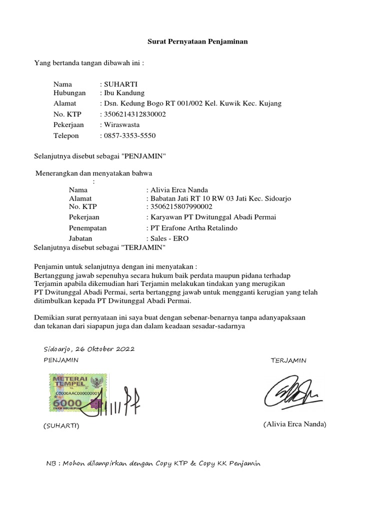 Surat Pernyataan Penjamin | PDF