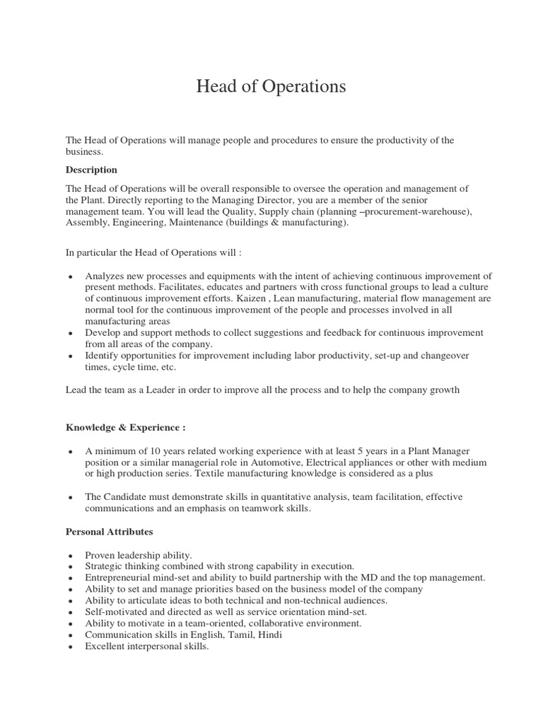 JD - Head of Operations | PDF