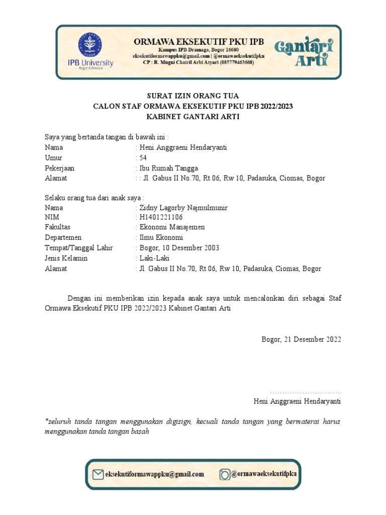 Surat Izin Orangtua Zidny LN | PDF