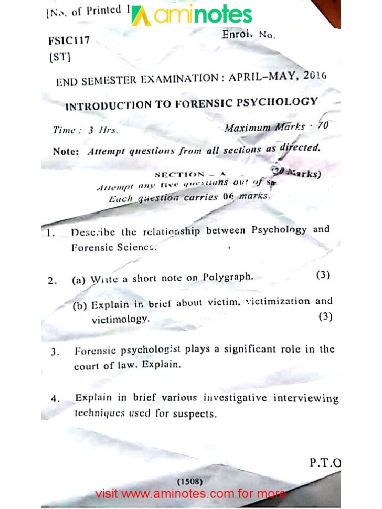 Introduction To Forensic Psychology..... Question Paper 2016 | PDF