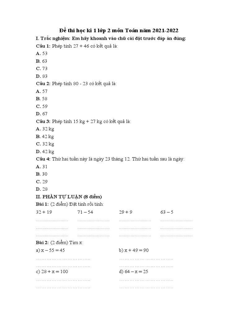 De Thi Hoc Ki 1 Lop 2 Mon Toan Canh Dieu de 3 | PDF