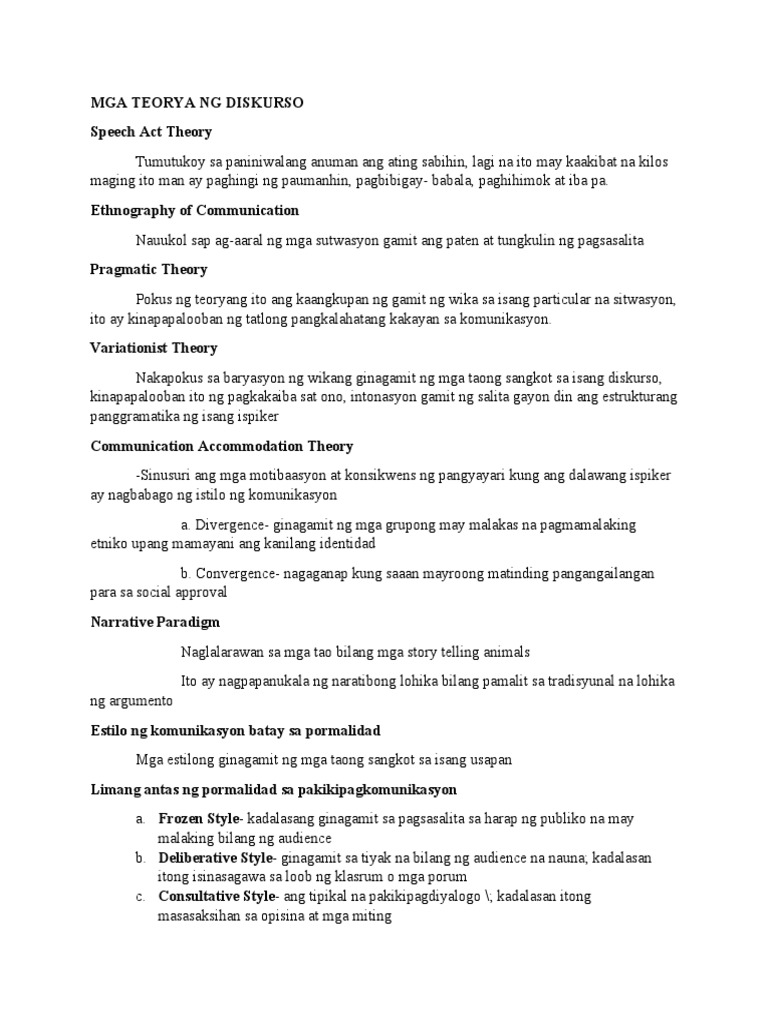 Mga Teorya NG Diskurso | PDF