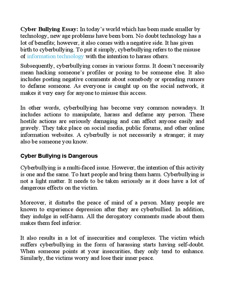 Cyber Bullying Essay | PDF | Cyberbullying | Bullying