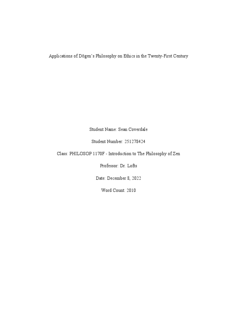 Zen Buddhism Philosophy Paper - Dogen and Morality-2 | PDF | Dōgen