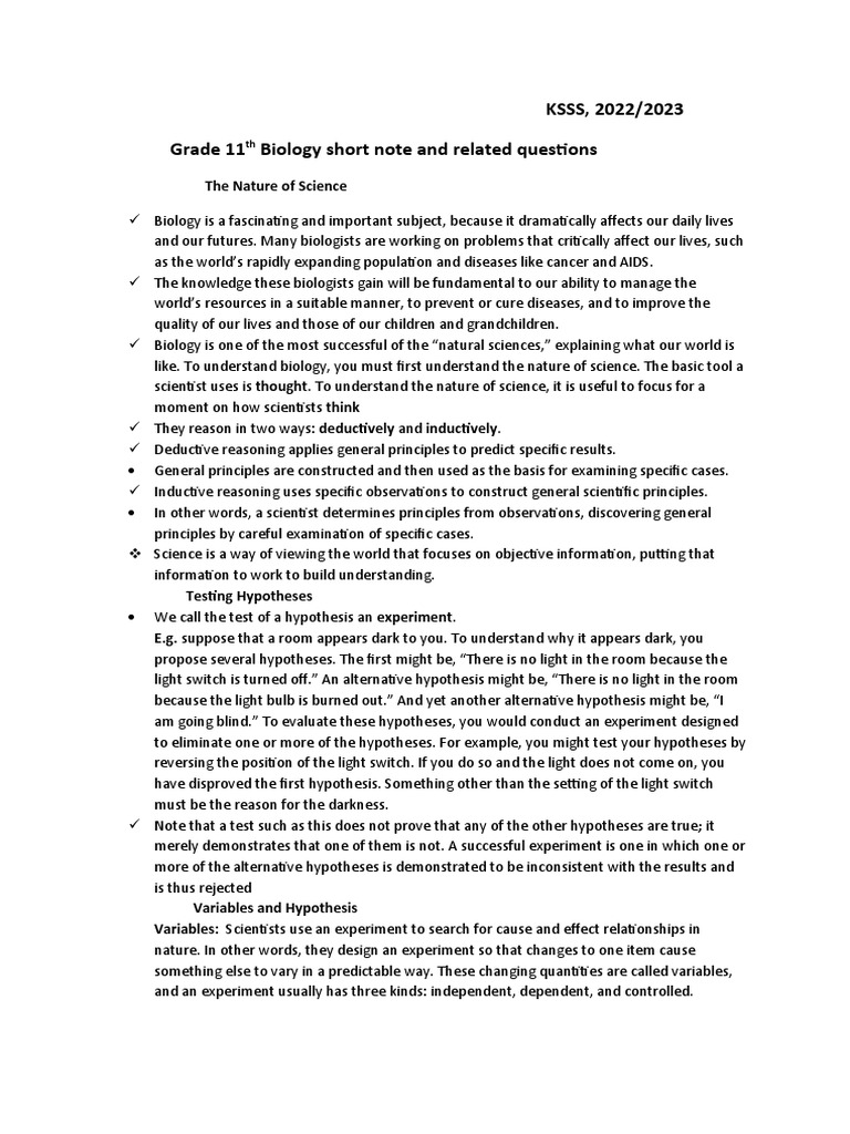 Grade 11th Biology Work Sheet | PDF | Hypothesis | Experiment