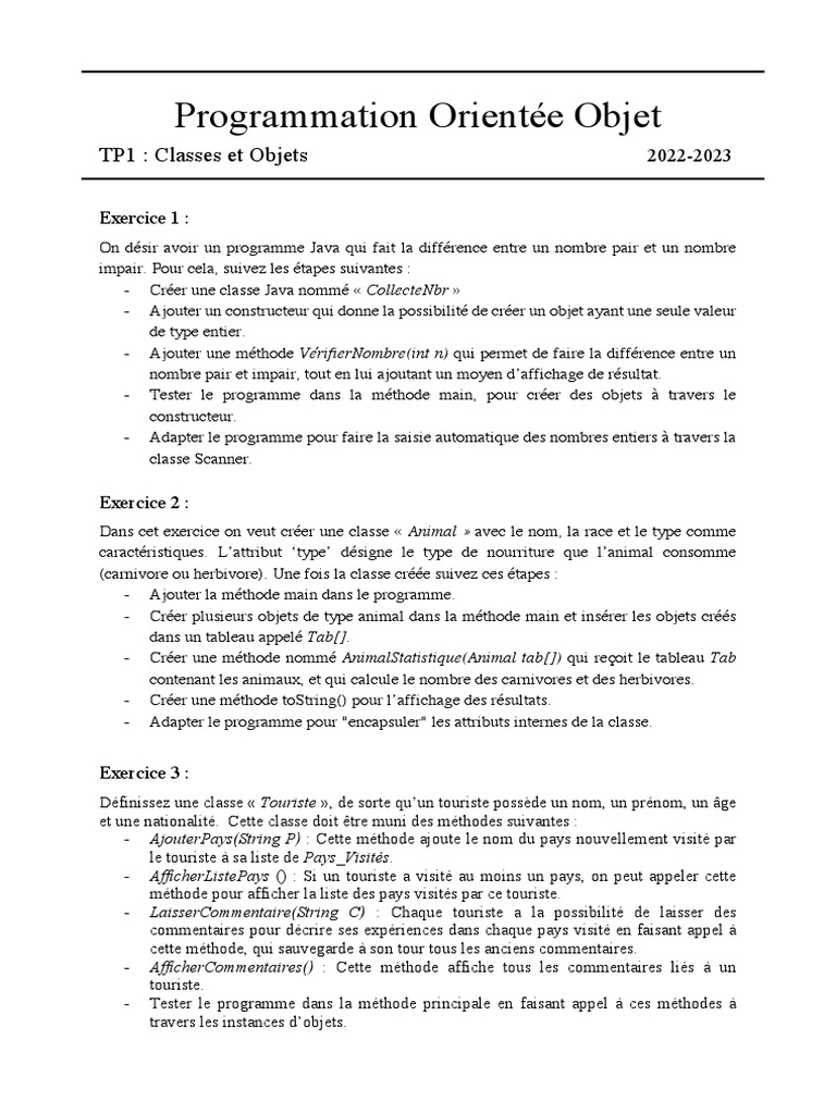 TP1 Classe Et Objet 2022 | PDF | Classe (informatique) | Constructeur (programmation)