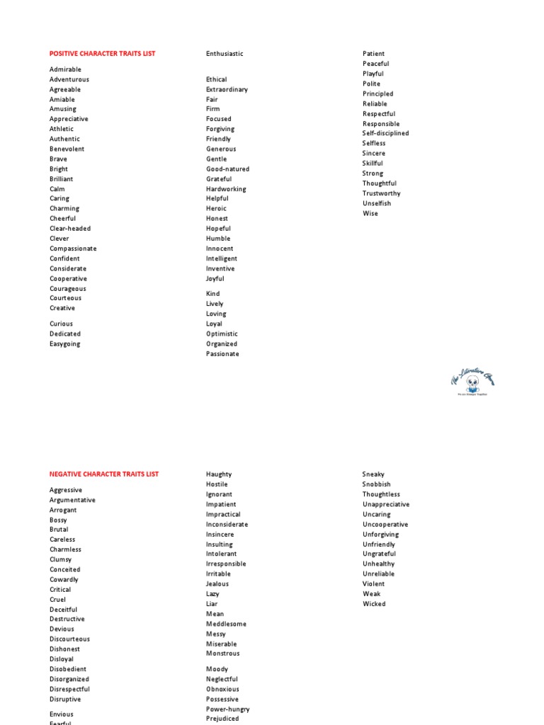 Positive and Negative Traits List | PDF