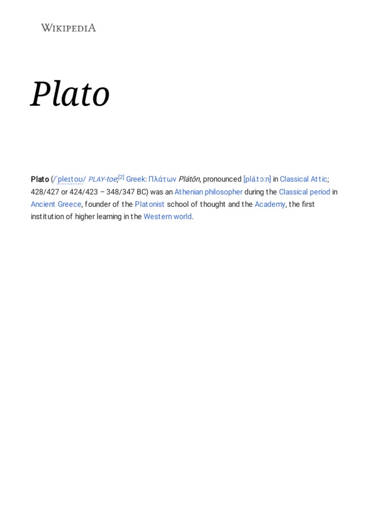 Plato - Wikipedia | PDF | Plato | Platonism
