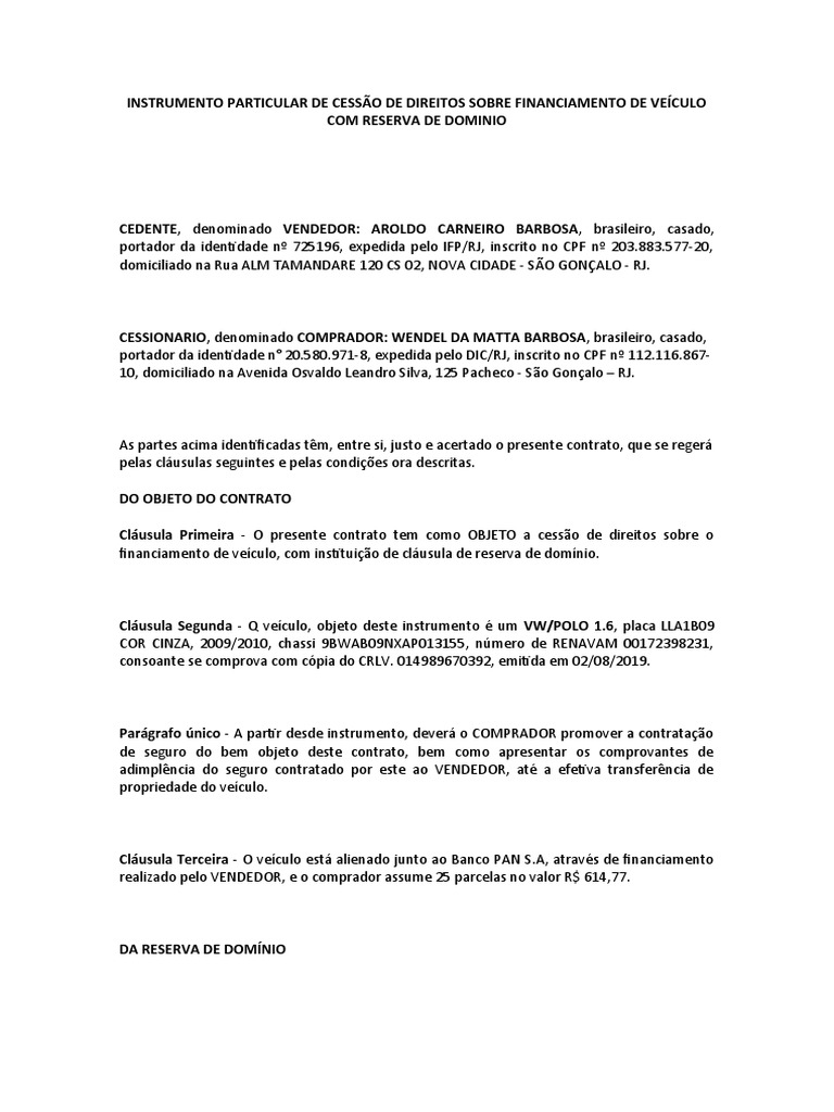 Instrumento Particular De Cessão De Direitos Sobre Financiamento De