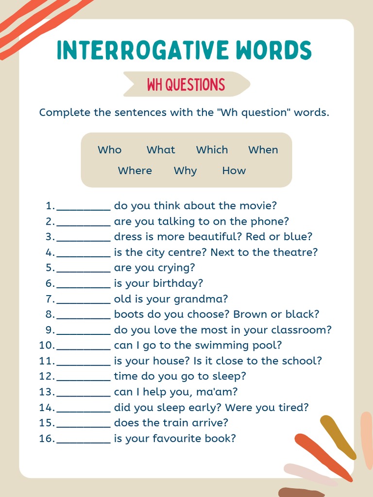 Beige Simple Interrogative Words WH Questions English Worksheet | PDF