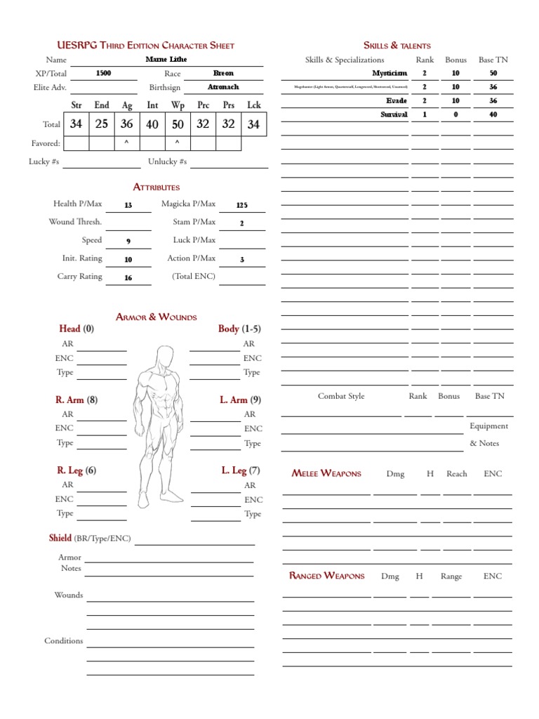 UESRPG 3e - Character Sheet v2 (No Background) | PDF | Gaming | Role Playing Games