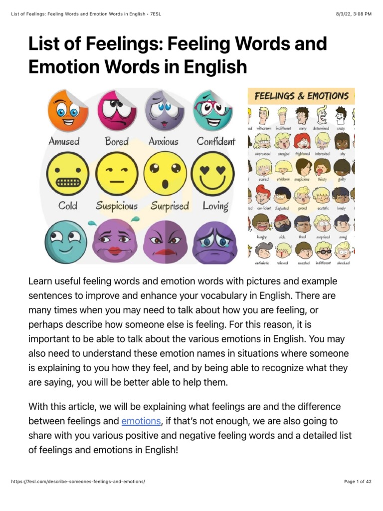 List of Feelings: Feeling Words and Emotion Words in English - 7ESL ...