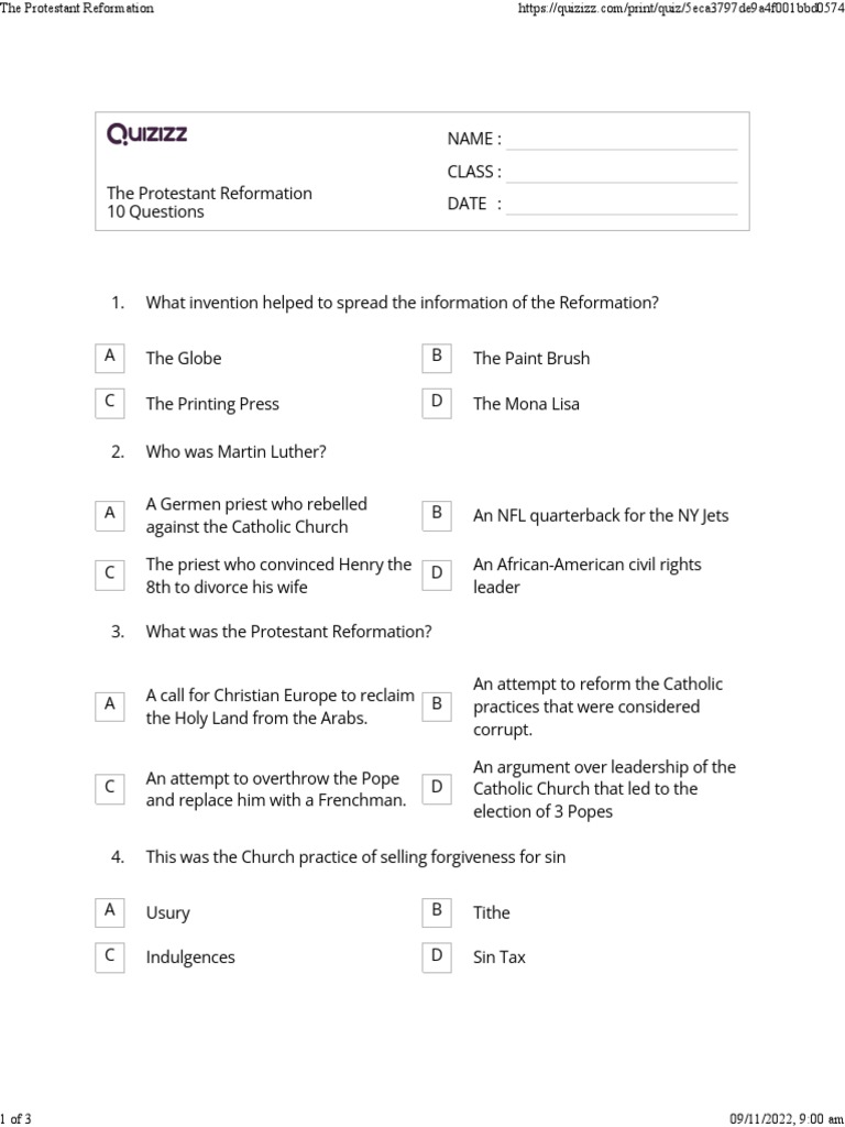 Reformation Quiz for Students | PDF | Protestantism | Martin Luther