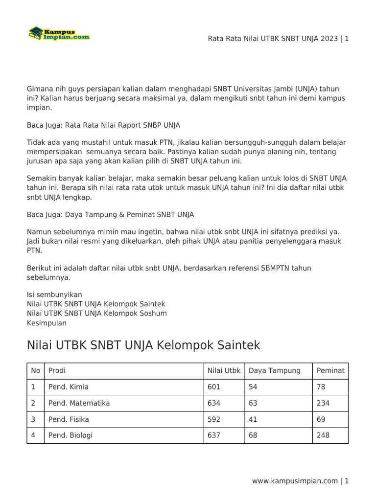 Prediksi Nilai UTBK SNBT UNJA 2023 | PDF