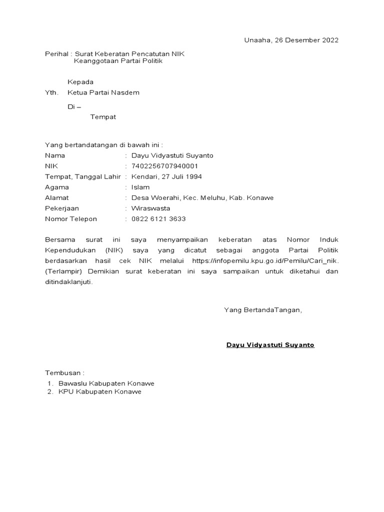 Keberatan Pencatutan NIK | PDF