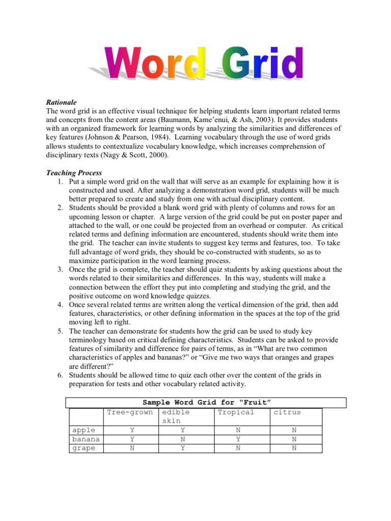 Word Grid | PDF | Reading Comprehension | Applied Psychology