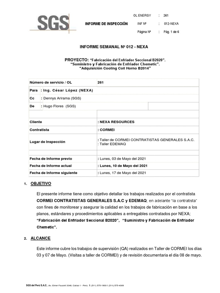 INFORME - 012-NEXA - 10-5-21 Rev. 0 | PDF | Sustancias químicas | Física Aplicada e ...