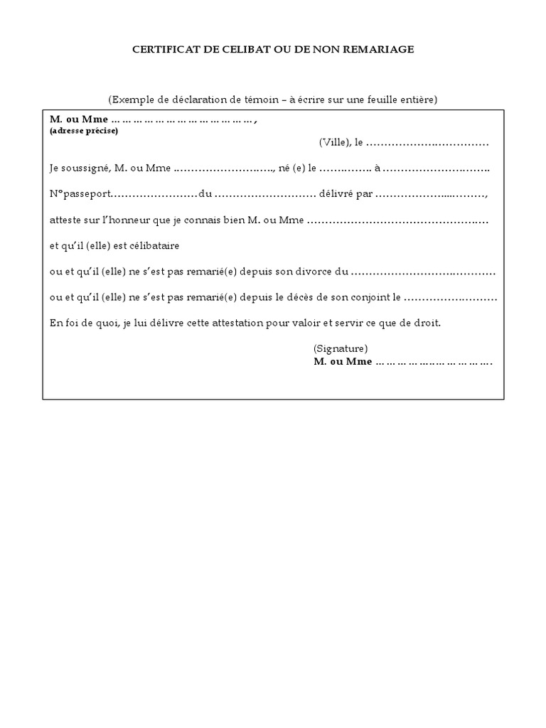 Certificat de Célibat et Non Remariage | PDF