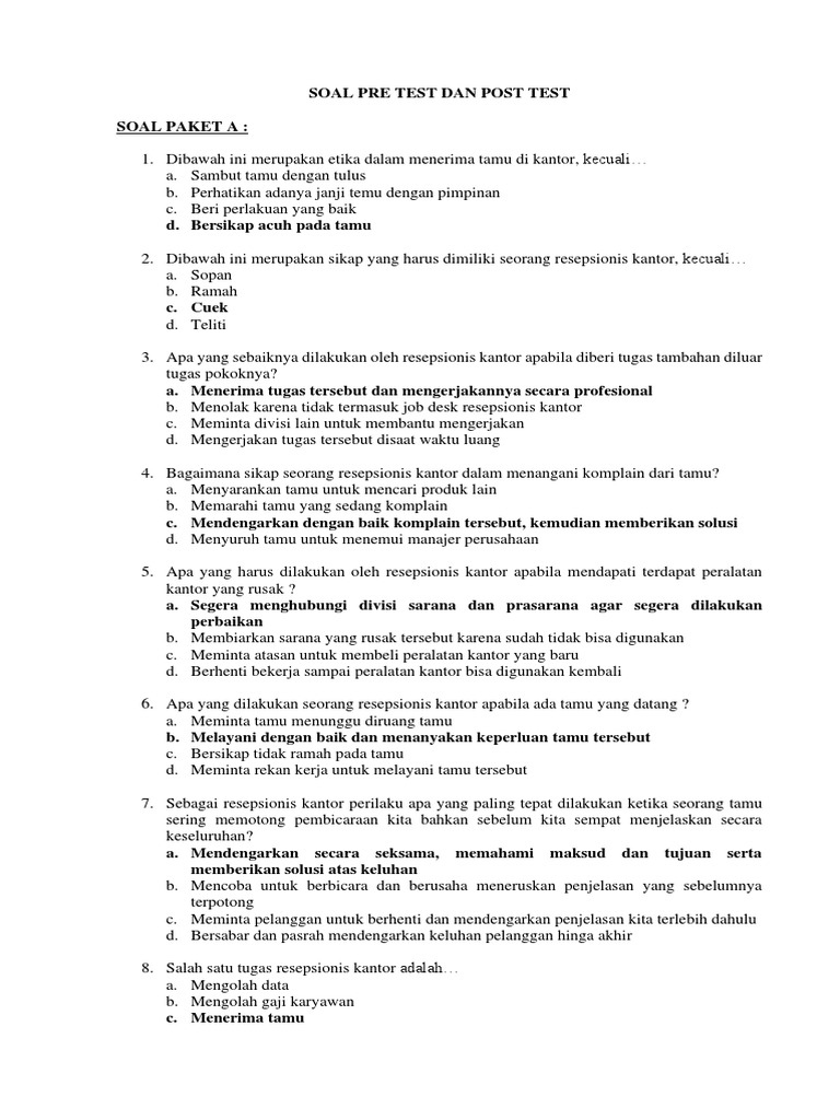 Soal Pre Test dan Post Test Resepsionis | PDF
