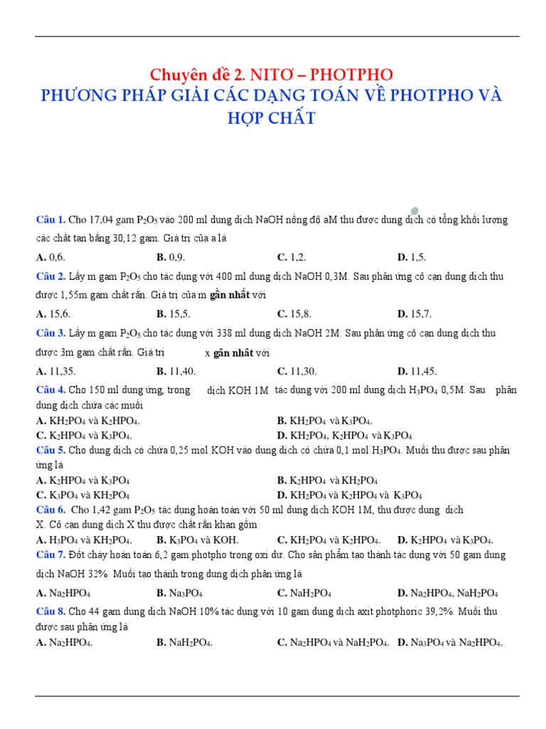 Chuyên đề 2. NITƠ - PHOTPHO: Phương Pháp Giải Các Dạng Toán Về Photpho ...