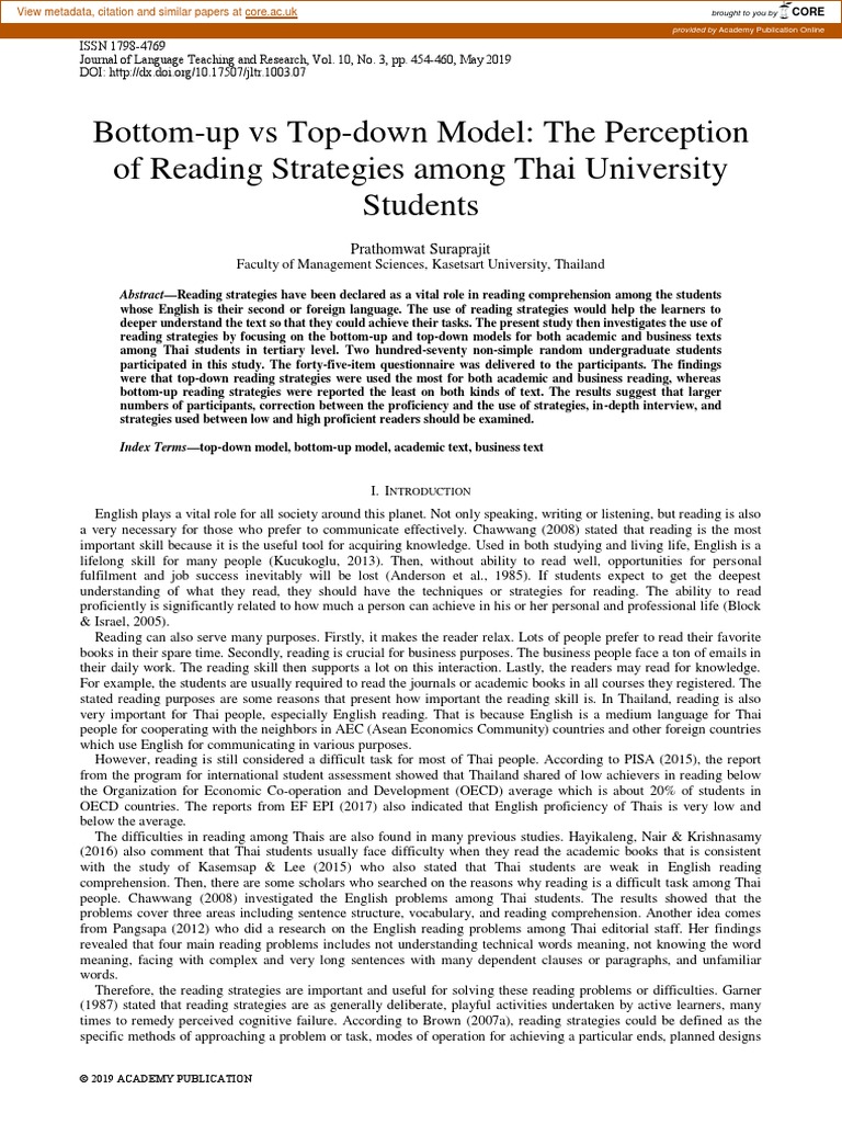 Bottom-Up Vs Top-Down Model: The Perception of Reading Strategies Among ...