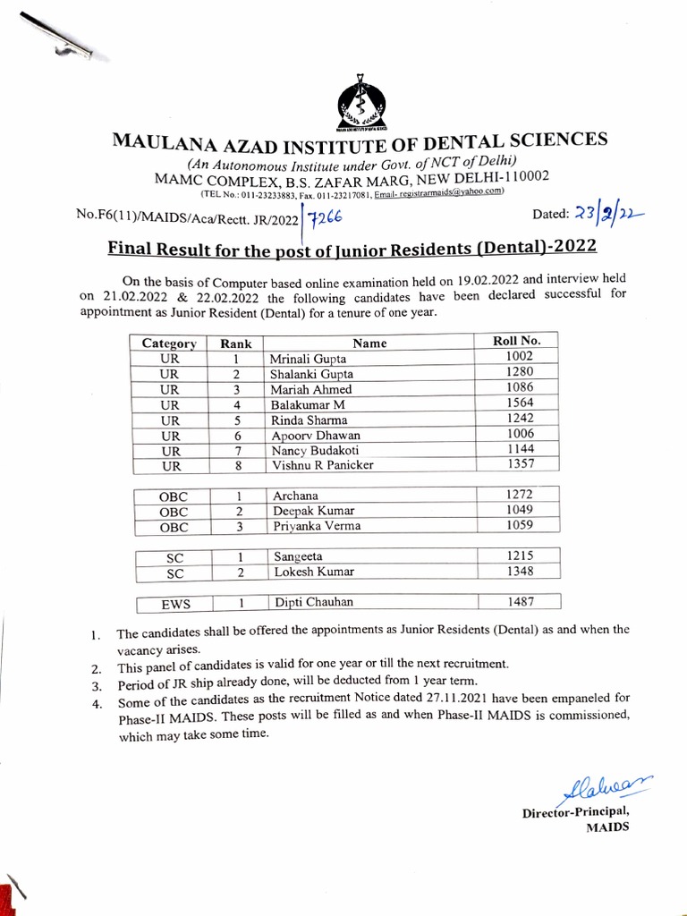 MAIDS Junior Resident Selection Results | PDF