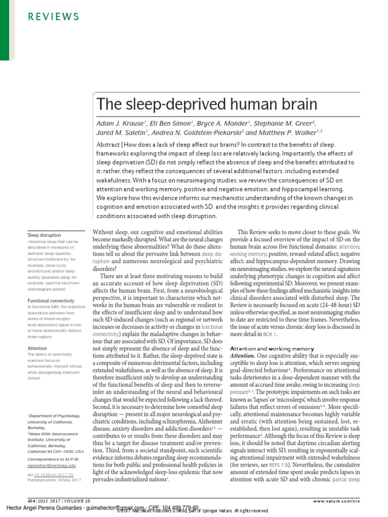 The Sleep Deprived Human Brain Pdf Working Memory Prefrontal Cortex