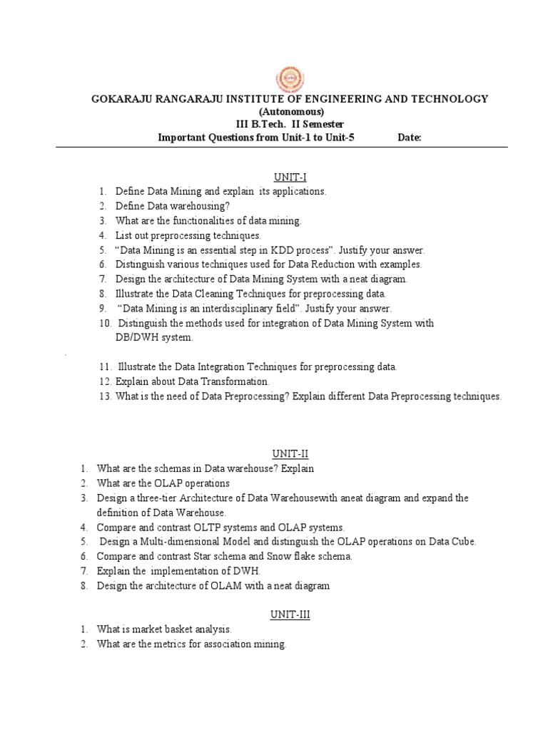 Important Data Mining Questions Guide | PDF | Cluster Analysis ...