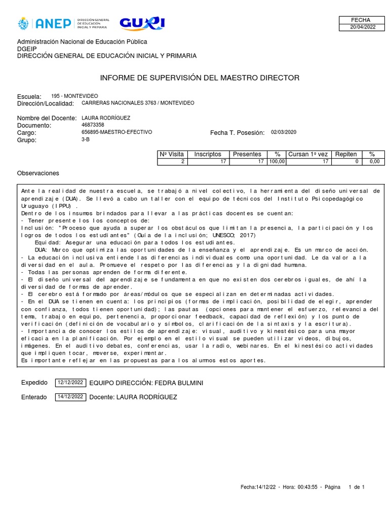 Informe de Supervisión Del Maestro Director: Fecha | PDF | Aprendizaje | Método de enseñanza