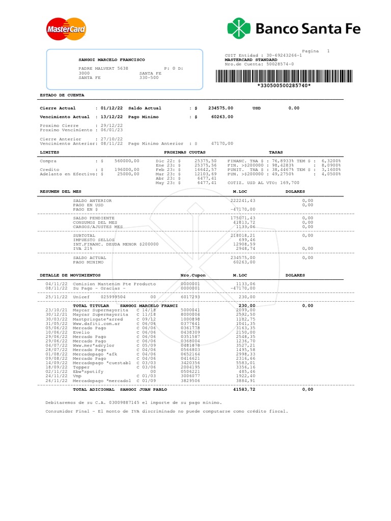 Resumen Mensual Mastercard 30-69243266-1 | PDF | Seguro | Tarjeta de ...