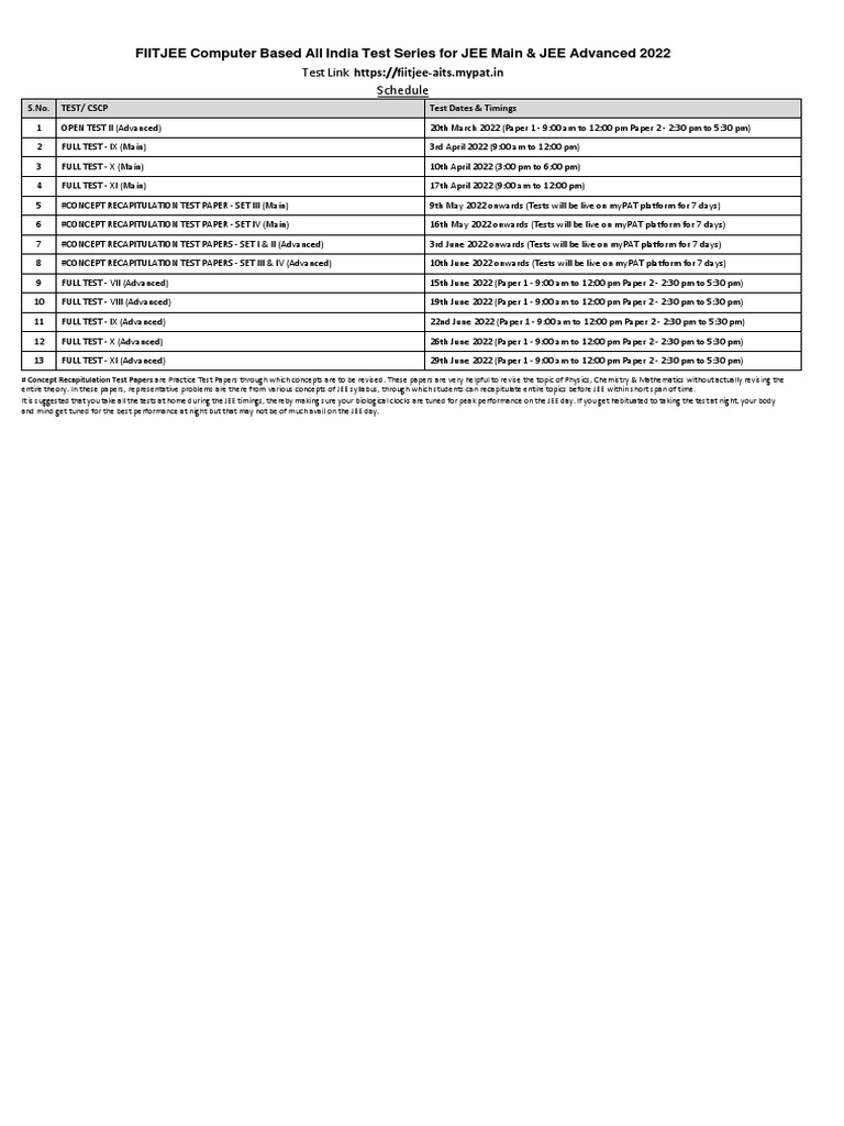 FIITJEE JEE Main & Advanced Test Schedule | PDF | Science
