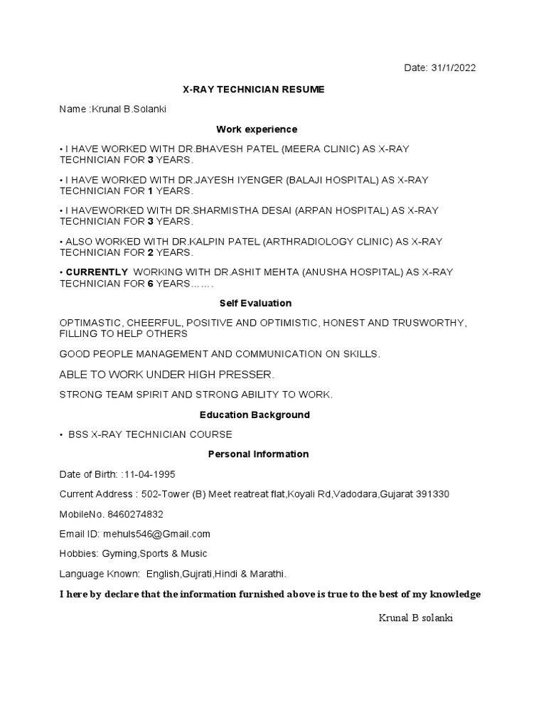 X-Ray Technician Resume of Krunal Solanki | PDF | Self-Improvement