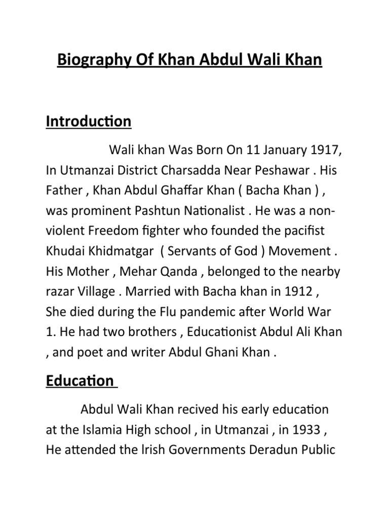 Biography of Khan Abdul Wali Khan | PDF | Politics Of Pakistan | Pakistan