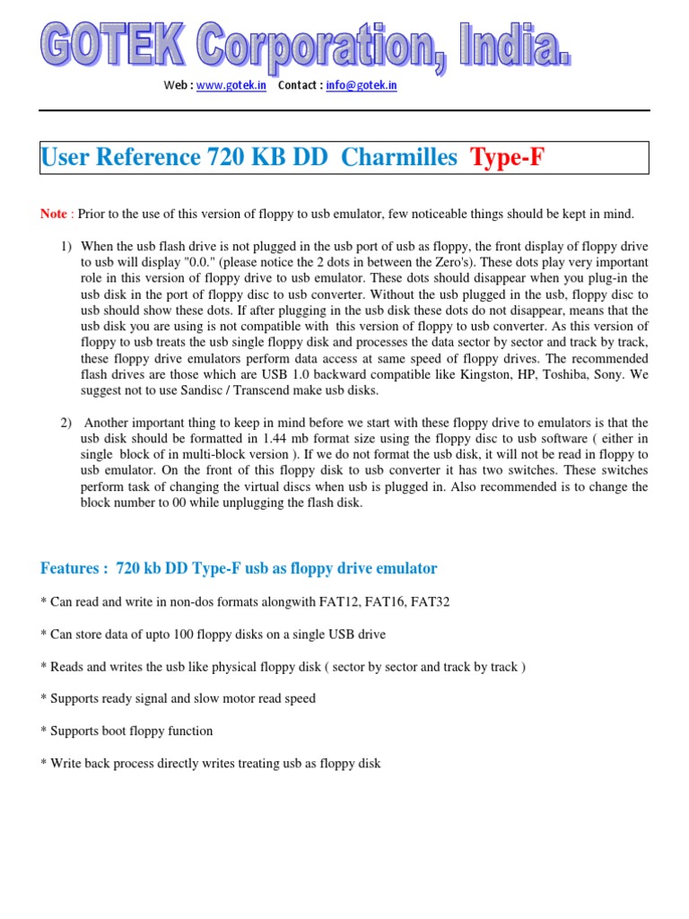 GOTEK Floppy Disk Emulator 720 KB DD Charmilles Type-F | PDF | Floppy Disk | Usb Flash Drive