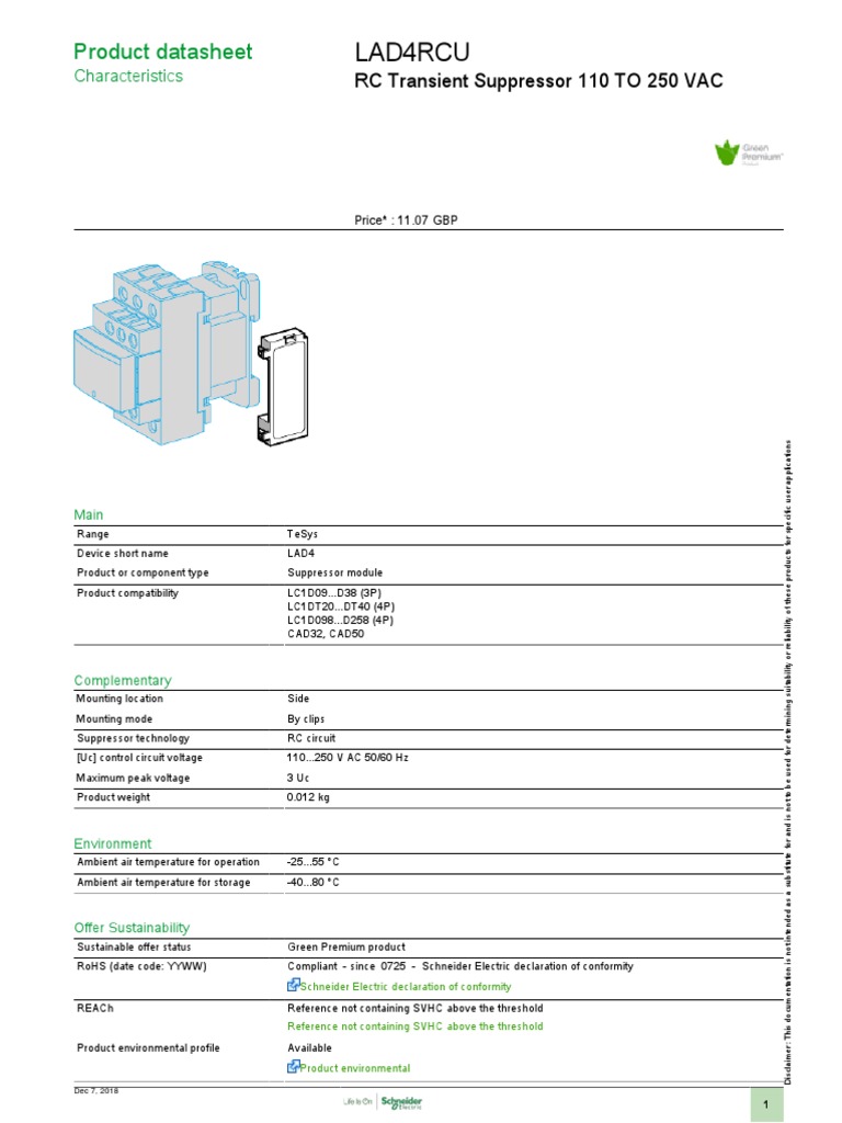 Product Datasheet for TeSys LAD4RCU 110-250V AC RC Transient Suppressor ...