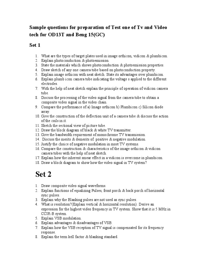 Sample Questions For Preparation of Test One of TV and Video Tech For ...