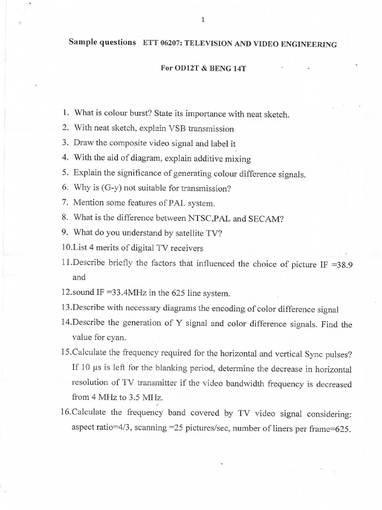 Sample Question (Television and Video Engineering) by Manyele | PDF