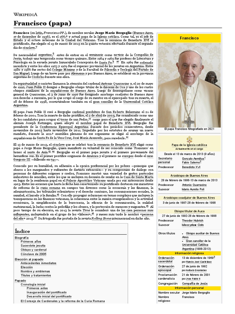 Francisco (Papa) - Wikipedia, La Enciclopedia Libref 5t F | PDF