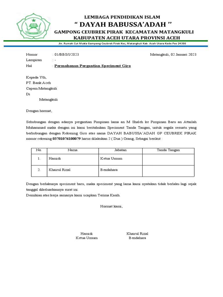 Surat Speciment Bank Giro | PDF