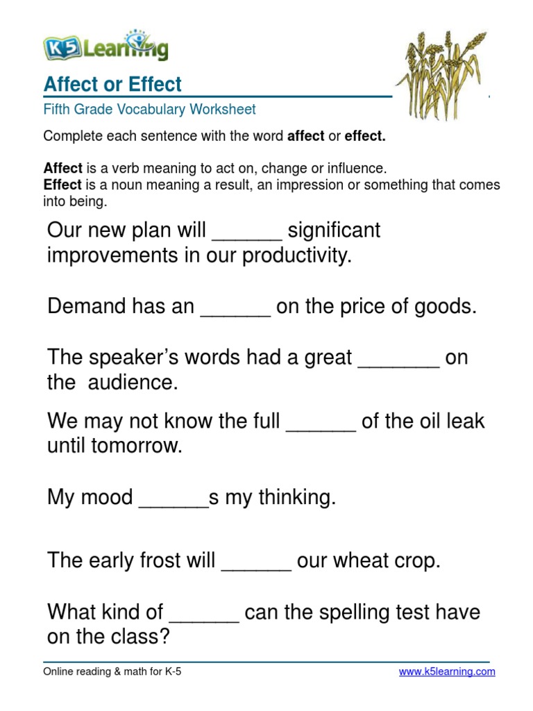 5th Grade Affect or Effect Sentences 3 | PDF