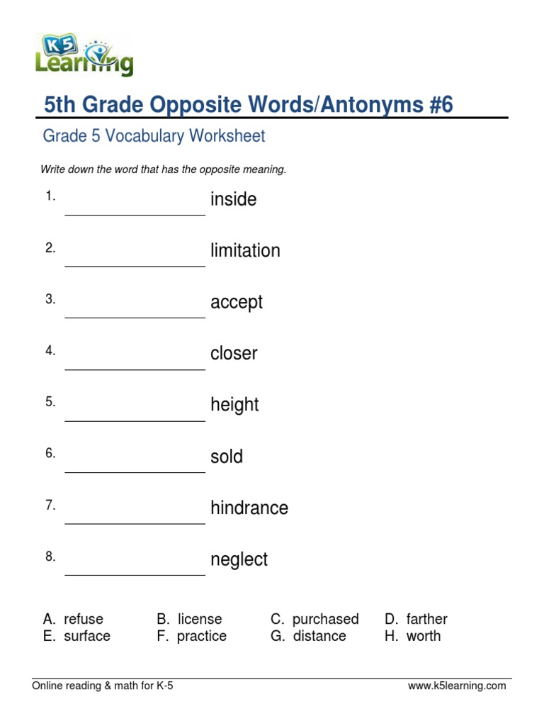 5th Grade Antonyms 6 | PDF