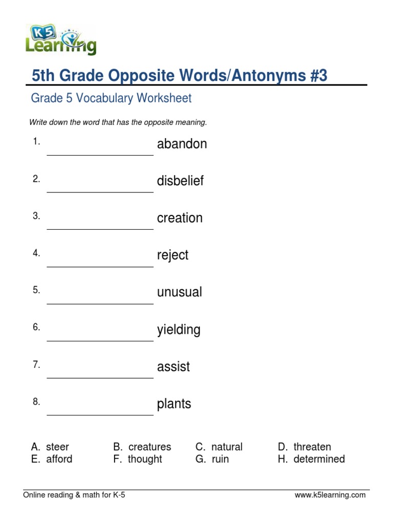 Grade 5 Antonyms Worksheet | PDF | Language Arts & Discipline
